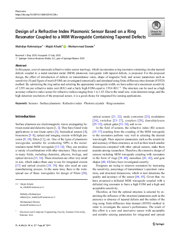 (PDF) Design of a Refractive Index Plasmonic Sensor Based on a Ring Resonator Coupled to a MIM ...