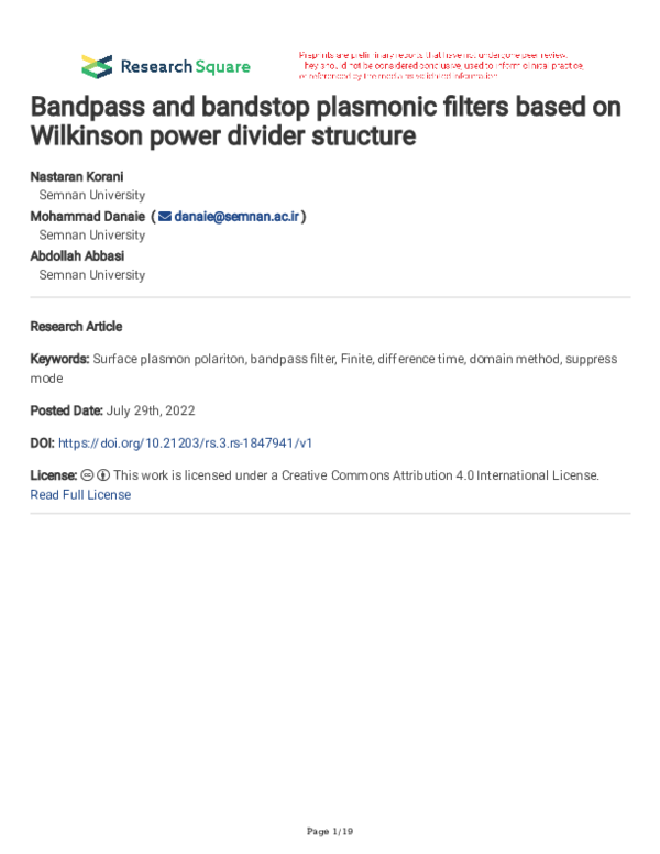 (PDF) Bandpass and bandstop plasmonic filters based on Wilkinson power divider structure