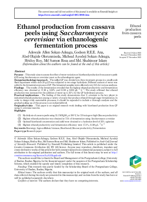 Pdf Ethanol Production From Cassava Peels Using Saccharomyces