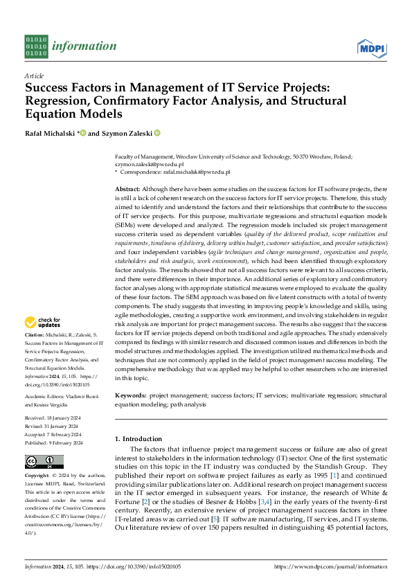 (PDF) Success Factors in Management of IT Service Projects: Regression, Confirmatory Factor ...