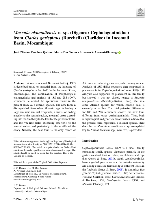 (PDF) Masenia nkomatiensis n. sp. (Digenea: Cephalogonimidae) from ...