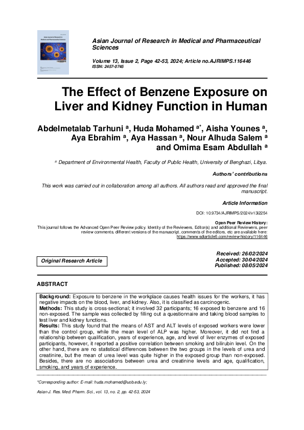 (PDF) The Effect of Benzene Exposure on Liver and Kidney Function in Human