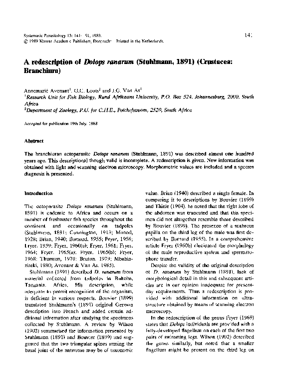 (PDF) A redescription of Dolops ranarum (Stuhlmann, 1891) (Crustacea ...