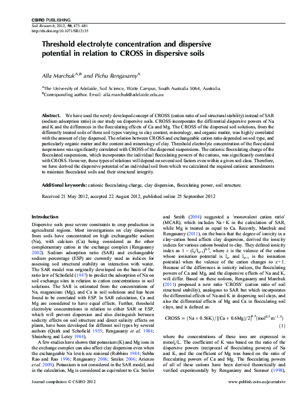 (PDF) Threshold electrolyte concentration and dispersive potential in ...