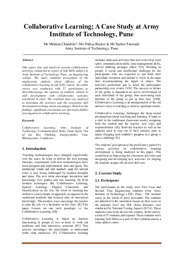 (PDF) Collaborative Learning; A Case Study at Army Institute of Technology, Pune