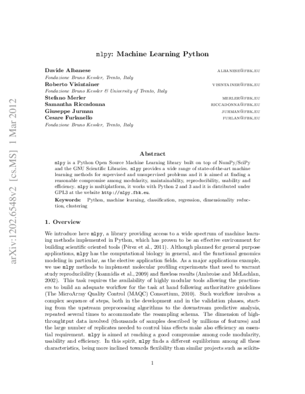 (PDF) mlpy: Machine Learning Python