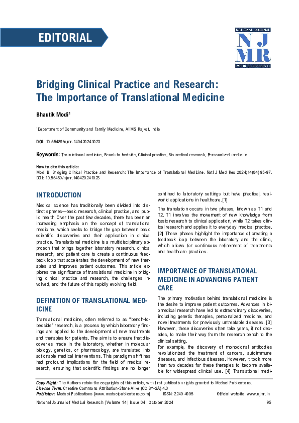 (PDF) Bridging Clinical Practice and Research: The Importance of Translational Medicine