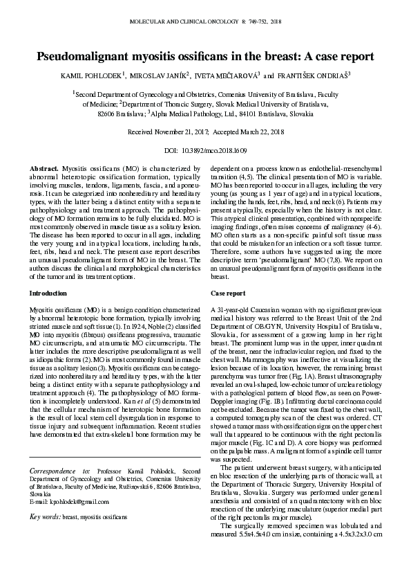 (PDF) Pseudomalignant myositis ossificans in the breast: A case report ...