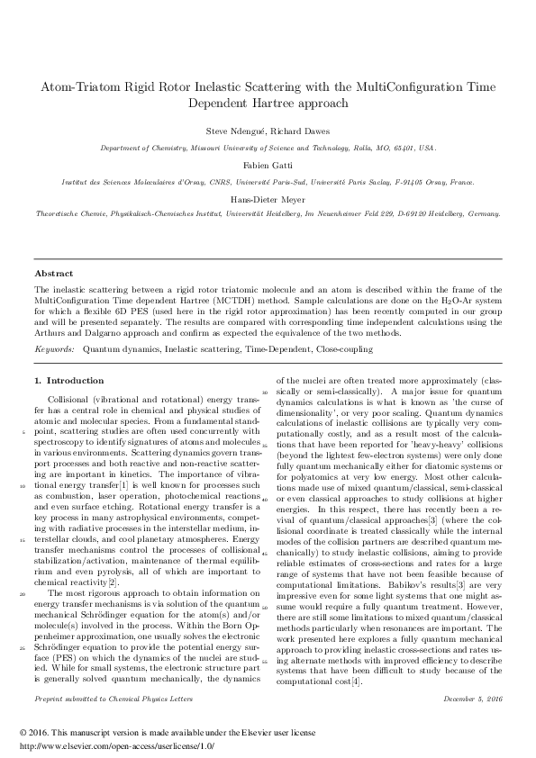 (PDF) Atom-triatom rigid rotor inelastic scattering with the MultiConfiguration Time Dependent ...