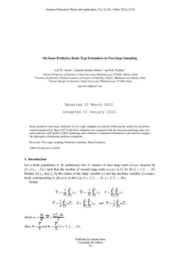 (PDF) On Some Predictive Ratio Type Estimators in Two Stage Sampling