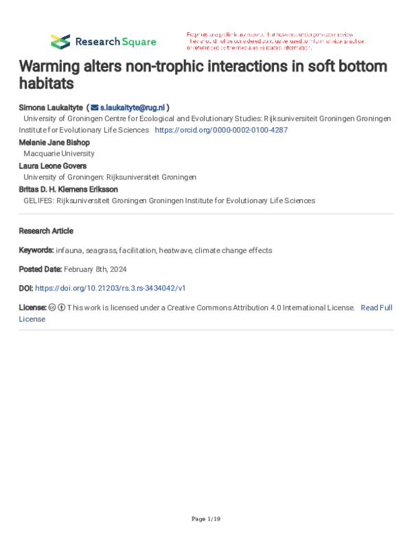 (PDF) Warming alters non-trophic interactions in soft bottom habitats