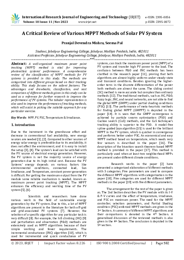 (PDF) A Critical Review of Various MPPT Methods of Solar PV System