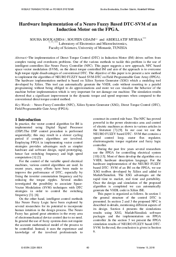 Pdf Hardware Implementation Of A Neuro Fuzzy Based Dtc Svm Of An Induction Motor On The Fpga
