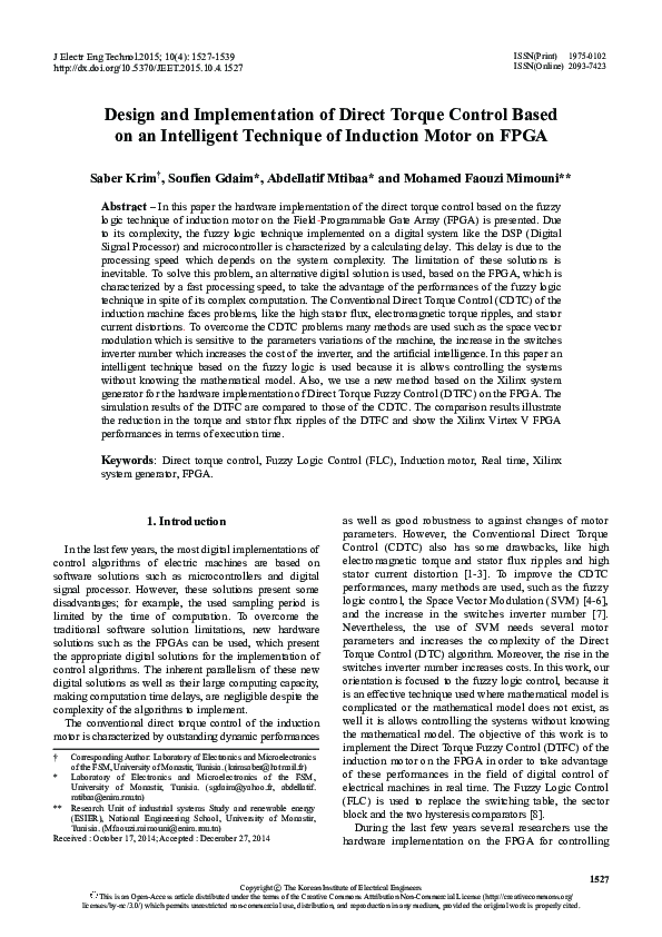 Pdf Design And Implementation Of Direct Torque Control Based On An Intelligent Technique Of