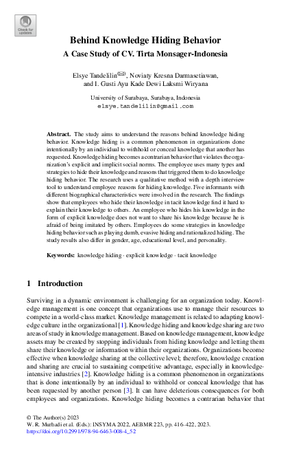 (PDF) Behind Knowledge Hiding Behavior | Noviaty Kresna Darmasetiawan ...