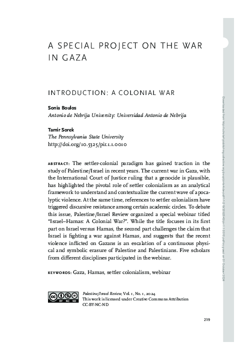 (PDF) A SPECIAL PROJECT ON THE WAR IN GAZA INTRODUCTION: A COLONIAL WAR