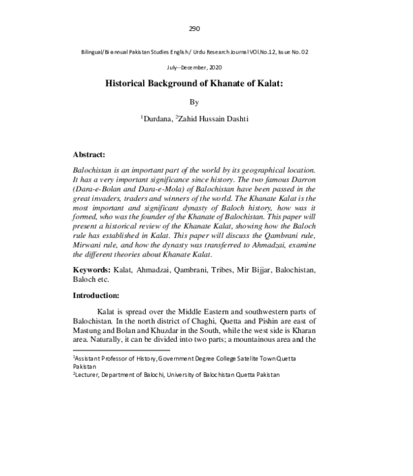 (PDF) Historical Background of Khanate of Kalat