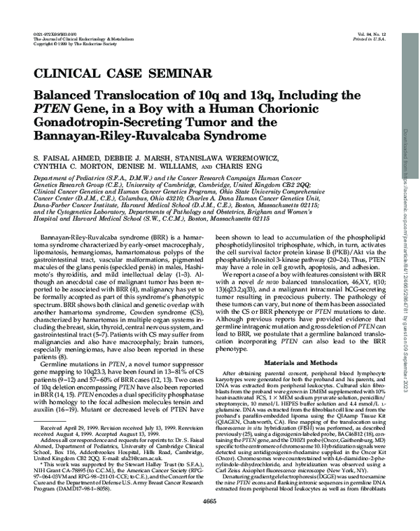 (PDF) Balanced Translocation of 10q and 13q, Including the PTENGene, in ...