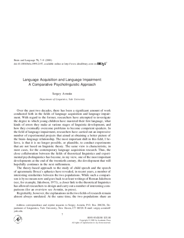 (PDF) Language Acquisition and Language Impairment: A Comparative Psycholinguistic Approach