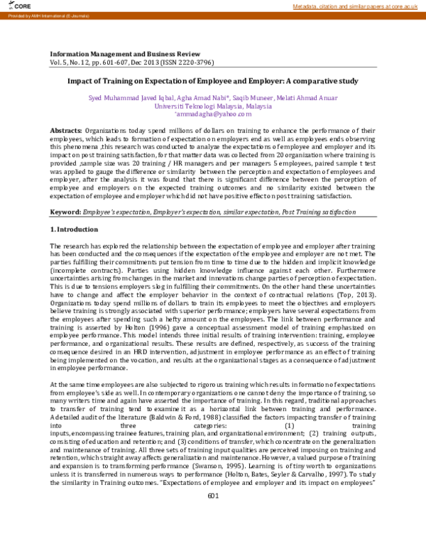 (PDF) Impact of Training on Expectation of Employee and Employer: A ...