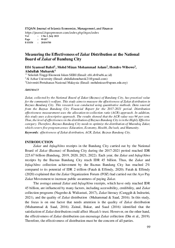 (PDF) Measuring the Effectiveness of Zakat Distribution at the National Board of Zakat of ...