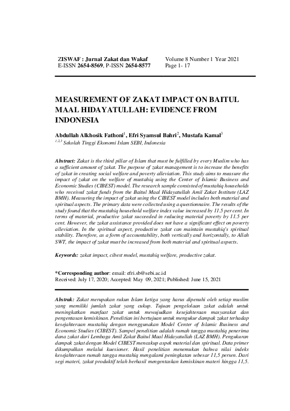 (PDF) Measurement of Zakat Impact on Baitul Maal Hidayatullah: Evidence from Indonesia