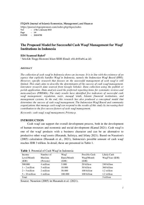 (PDF) The Proposed Model for Successful Cash Waqf Management for Waqf Institutions in Indonesia