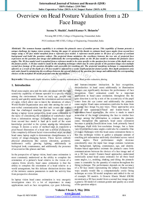 (PDF) Overview on Head Posture Valuation from a 2D Face Image