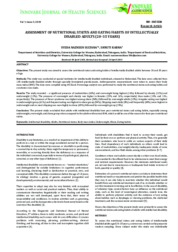 (PDF) Assessment of Nutritional Status and Eating Habits of ...