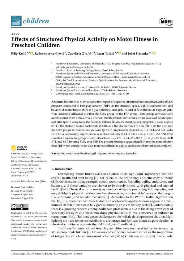 (PDF) Effects of Structured Physical Activity on Motor Fitness in Preschool Children | Jožef ...