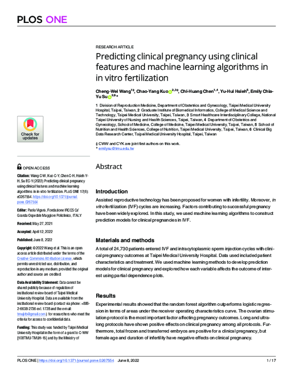 (PDF) Predicting clinical pregnancy using clinical features and machine learning algorithms in ...
