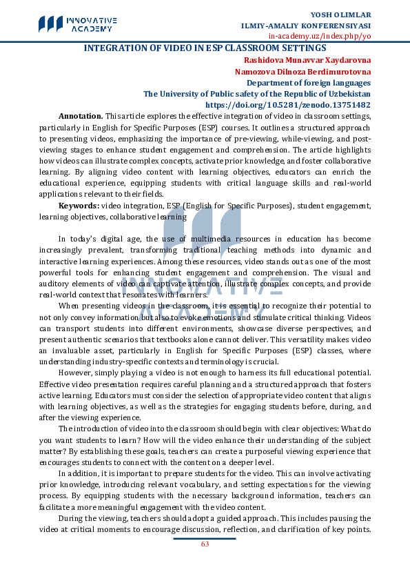 (PDF) INTEGRATION OF VIDEO IN ESP CLASSROOM SETTINGS