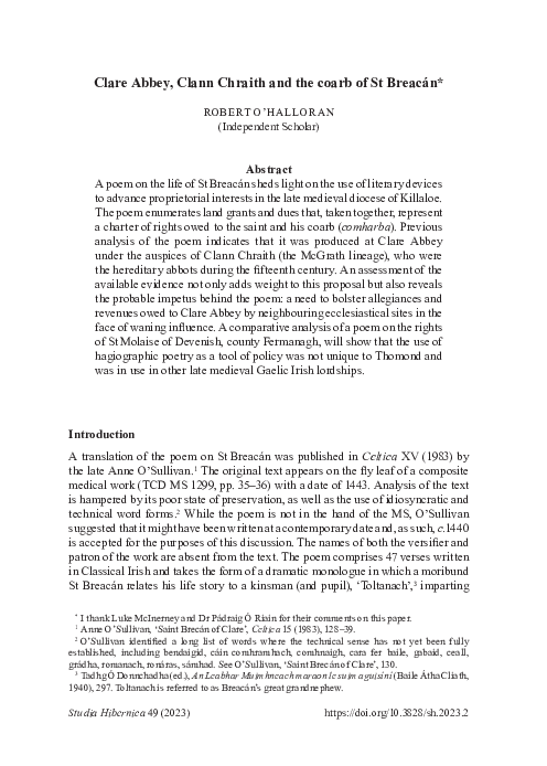 (PDF) Clare Abbey, Clann Chraith and the coarb of St Breacán