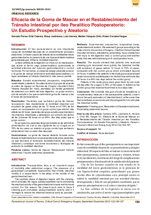 (PDF) Eficacia de la Goma de Mascar en el Restablecimiento del Tránsito ...