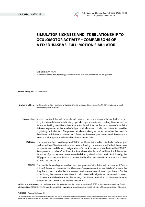 (PDF) Simulator Sickness and Its Relationship to Oculomotor Activity – Comparisons of a ...