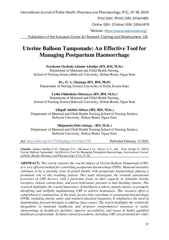 (PDF) Uterine Balloon Tamponade: An Effective Tool for Managing ...