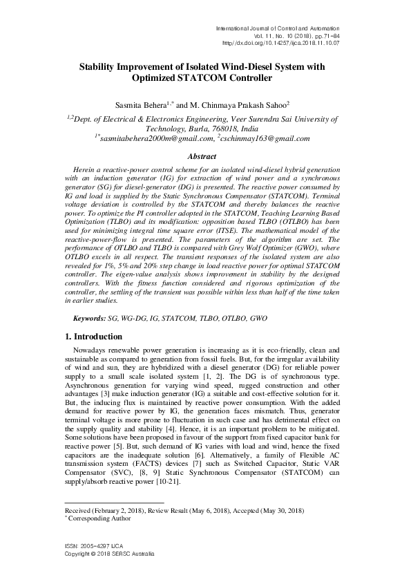 (PDF) Stability Improvement of Isolated Wind-Diesel System with Optimized STATCOM Controller