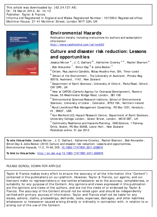 (PDF) Culture and disaster risk reduction: Lessons and opportunities