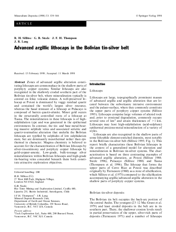 (PDF) Advanced argillic lithocaps in the Bolivian tin-silver belt