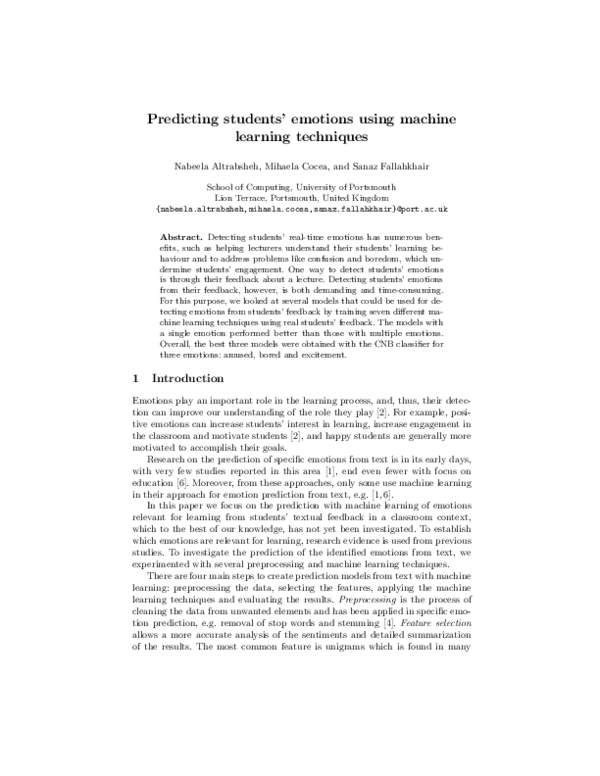 (PDF) Predicting Students’ Emotions Using Machine Learning Techniques | Sanaz Fallahkhair ...