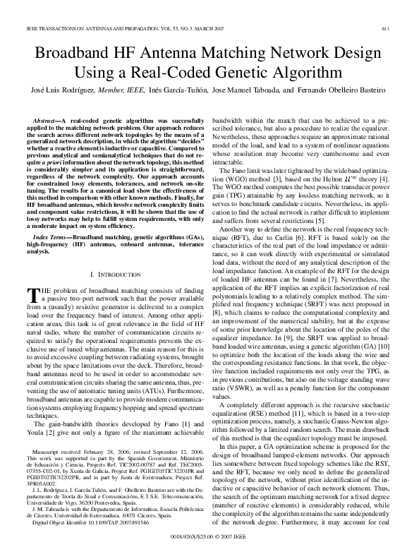 (PDF) Broadband HF Antenna Matching Network Design Using a Real-Coded Genetic Algorithm