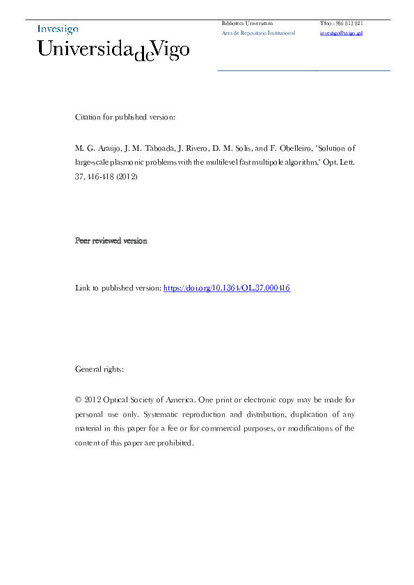 (PDF) Solution of large-scale plasmonic problems with the multilevel fast multipole algorithm