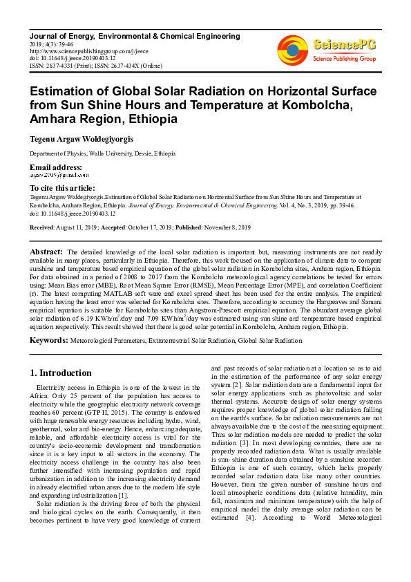 (PDF) Estimation of Global Solar Radiation on Horizontal Surface from Sun Shine Hours and ...