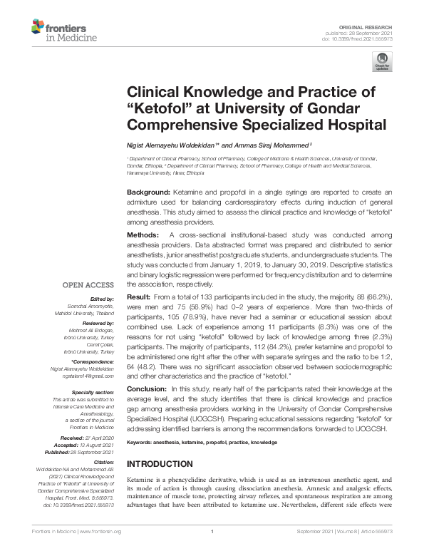 (PDF) Clinical Knowledge and Practice of “Ketofol” at University of ...