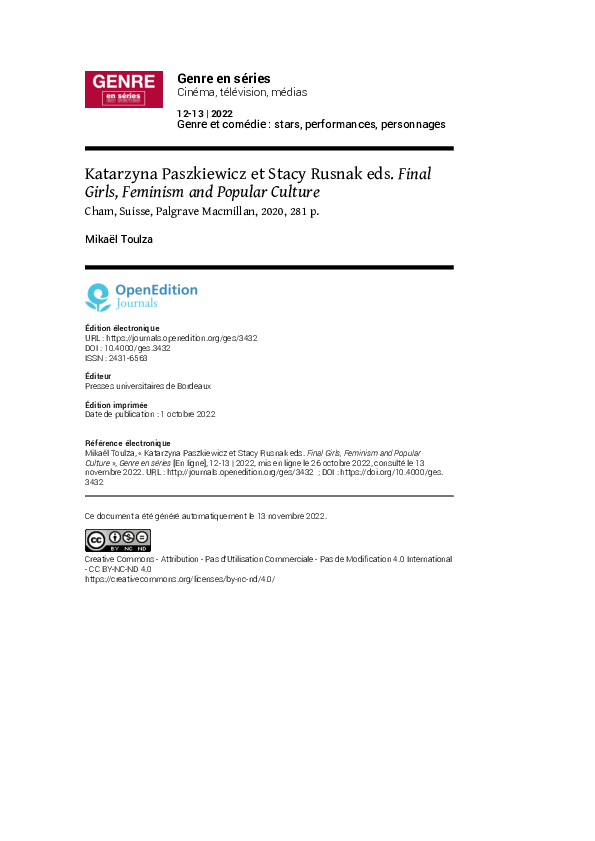 (PDF) Katarzyna Paszkiewicz et Stacy Rusnak eds. Final Girls, Feminism and Popular Culture