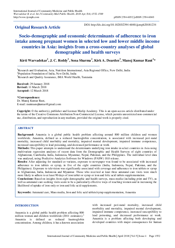 (PDF) Socio-demographic and economic determinants of adherence to iron intake among pregnant ...