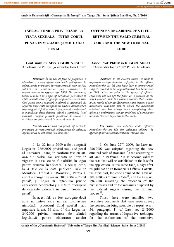 Pdf Offences Regarding Sex Life Between The Valid Criminal Code And The New Criminal Code