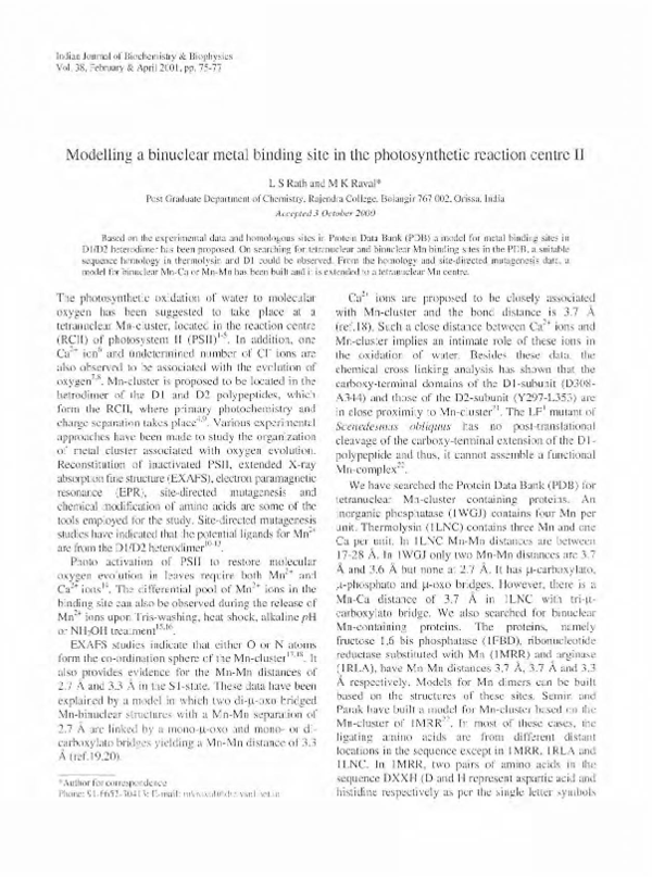 (PDF) Modelling a binuclear metal binding site in the photosynthetic ...