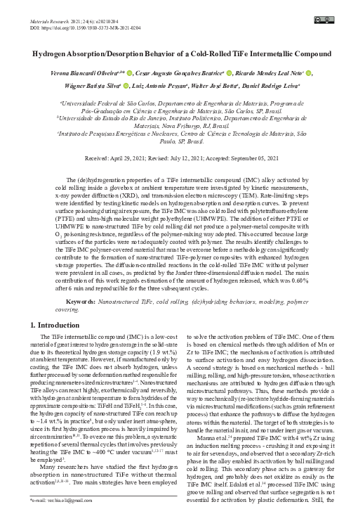 Pdf Hydrogen Absorption Desorption Behavior Of A Cold Rolled Tife Intermetallic Compound