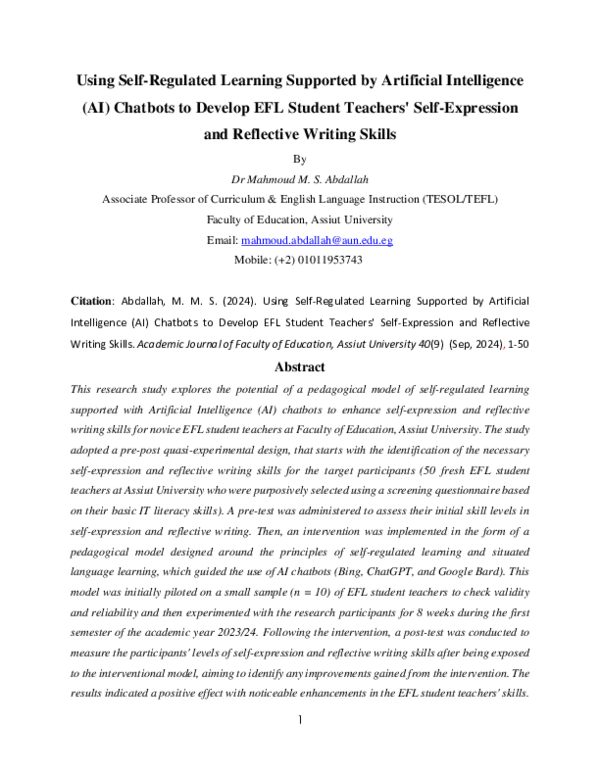 (PDF) Using Self-Regulated Learning Supported by Artificial Intelligence (AI) Chatbots to ...